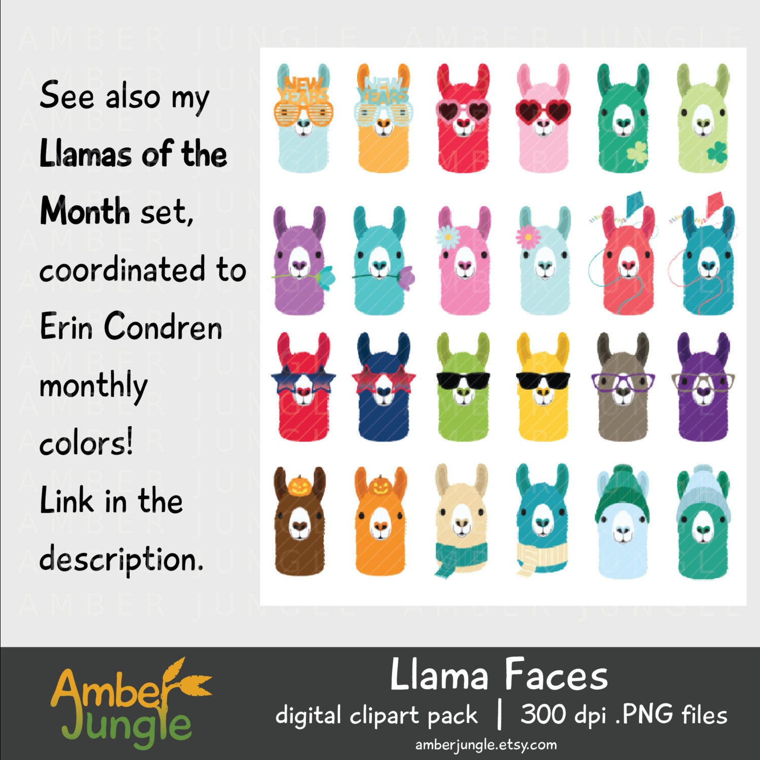 Llama Clipart- Llamas Planner Clip Art- Rainbow Llama Faces for Planner ...
