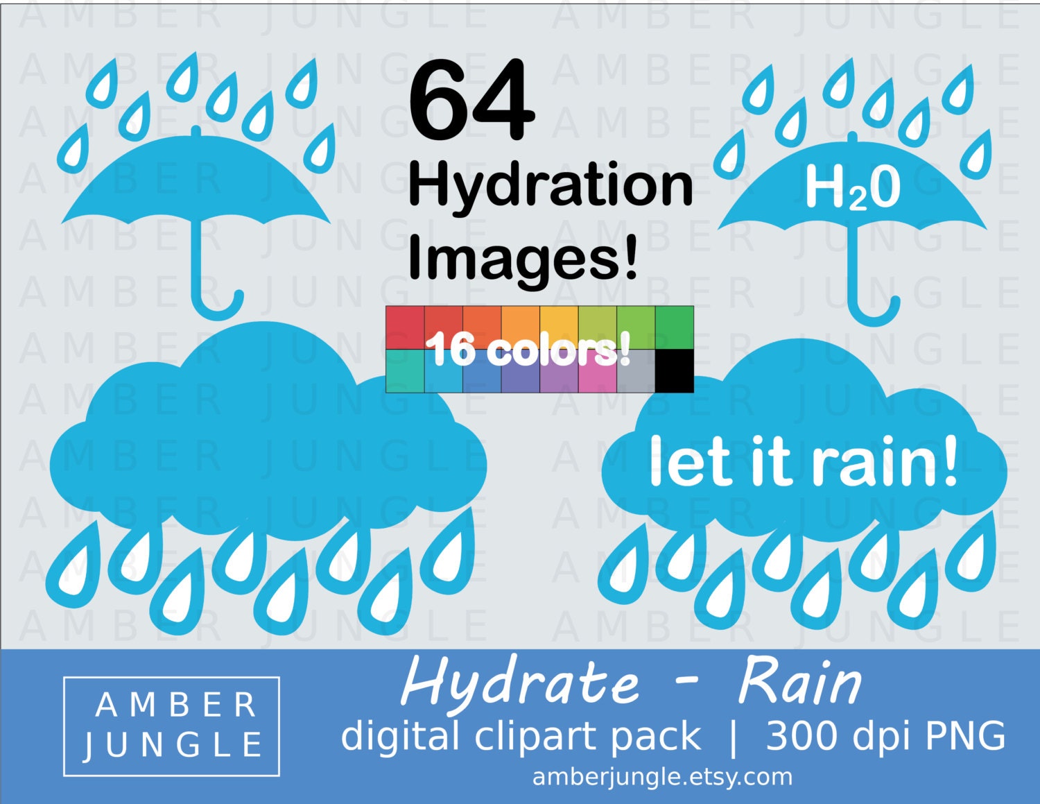 Hydration Clipart Rain - Instant Download! Hydrate Umbrella Cloud ...