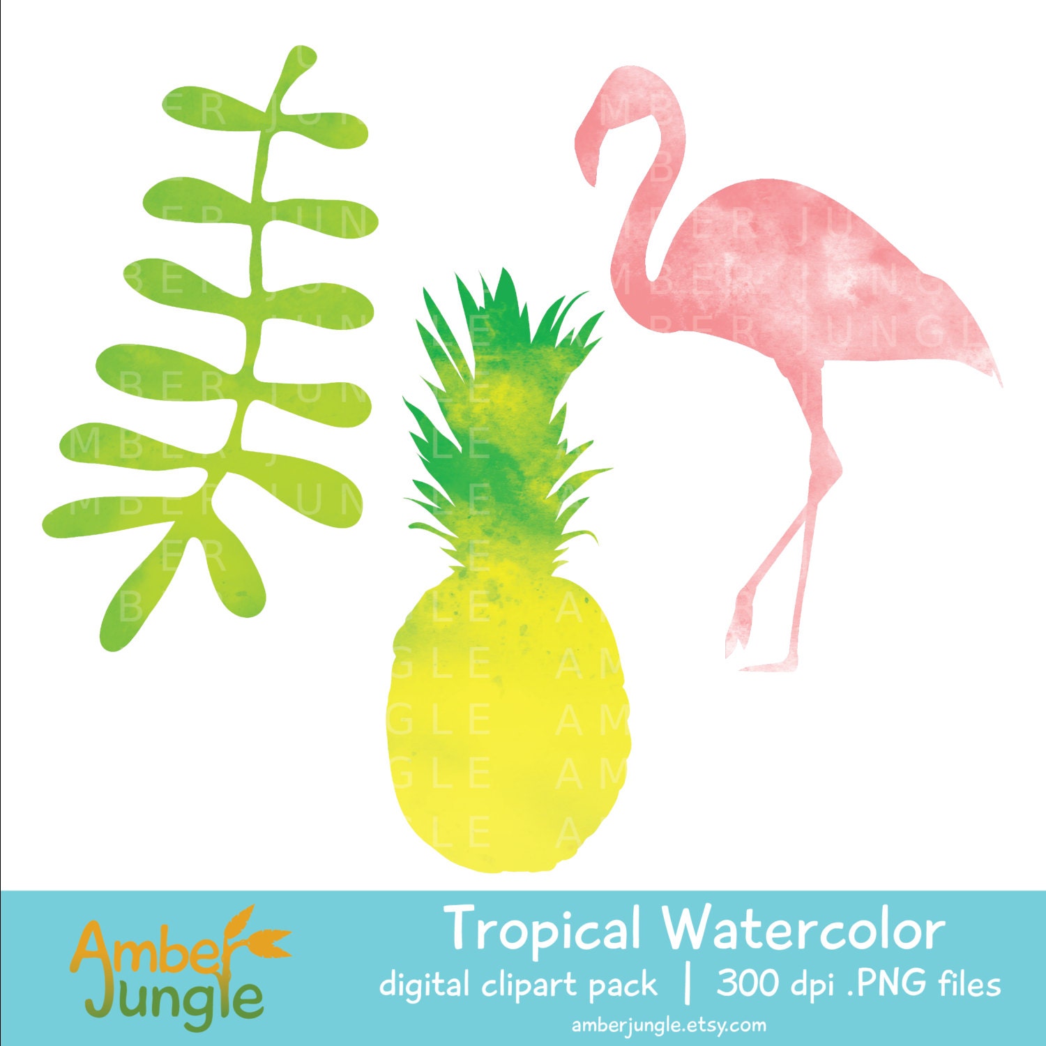 Tropical Watercolor Clipart- Flamingo Pineapple Clip Art- Watercolor ...