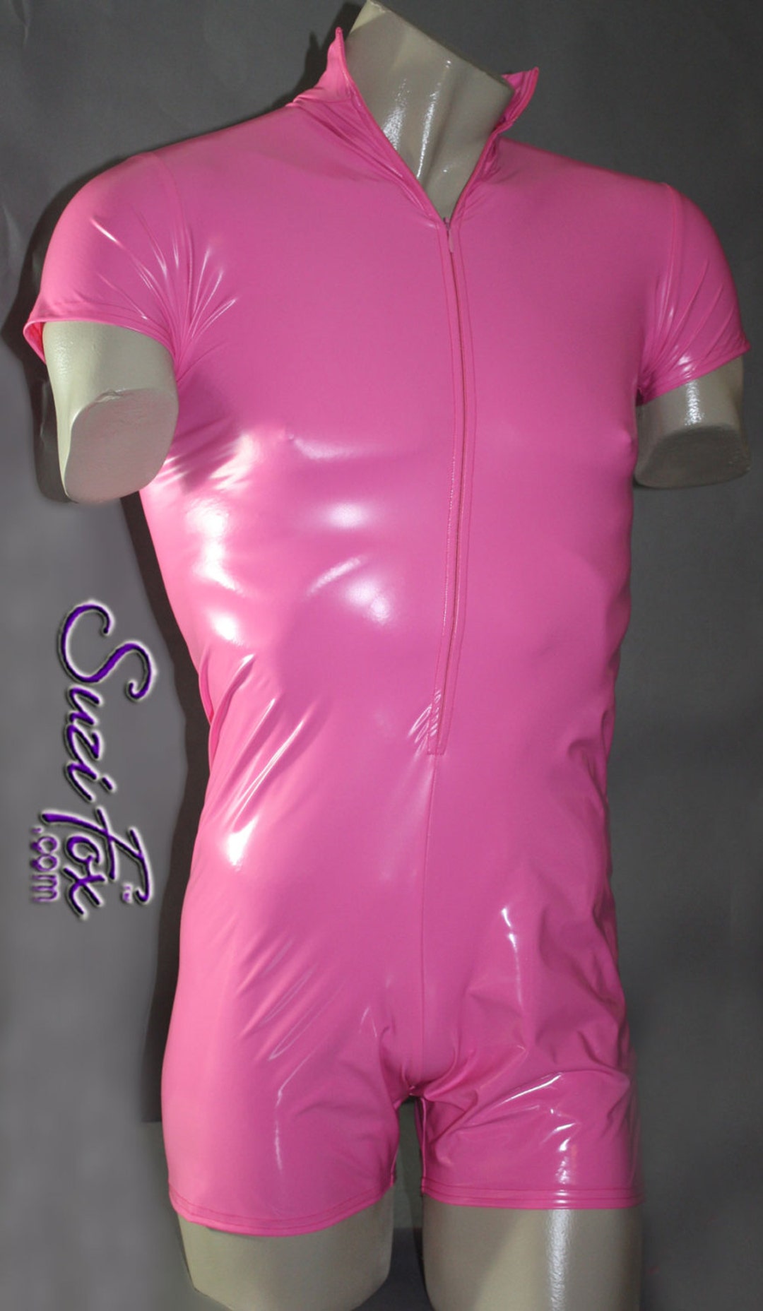Mens Romper Shown in Neon Pink Stretch Gloss Vinyl PVC by Suzi Fox. - Etsy