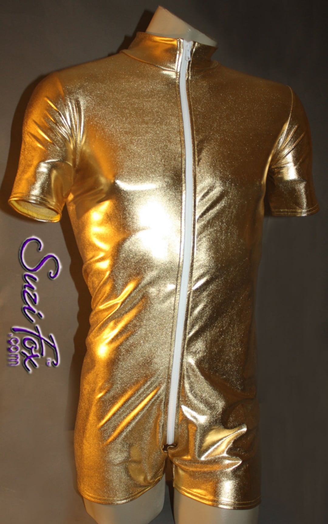 Mens Romper Bodysuit Shown in Shiny Gold Metallic Foil Coated Spandex ...