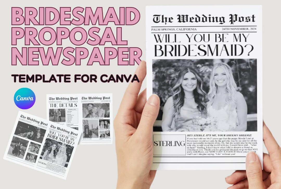 Bridesmaid Proposal Newspaper With Photo, CANVA TEMPLATE, Editable ...