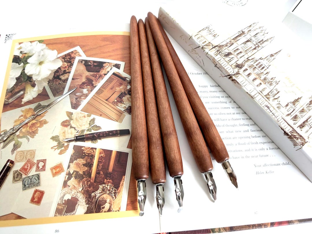 Calligraphy Pen Set ~ Feathered Quill Pens ~ Teak Handles ~ Ink Dip Pen ...