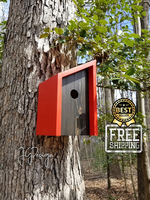 Birdhouse Modern Wooden Birdhouse Minimalist Red With Ebony Stained Cedar Face Unique Outdoor Bird House Wedding Gift Father s Day Etsy