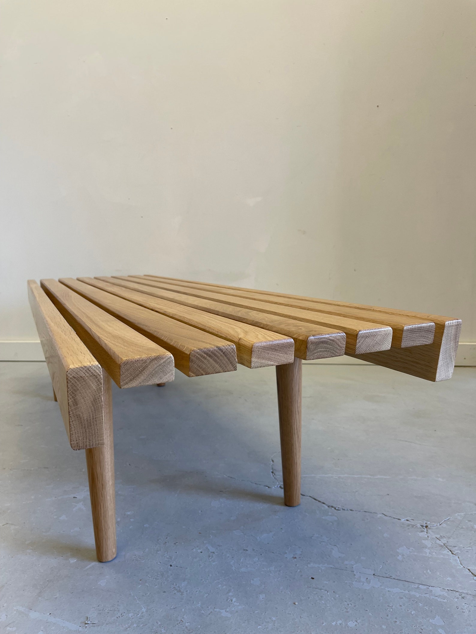 Gorgeous MCM Solid Oak Slat Bench | Etsy