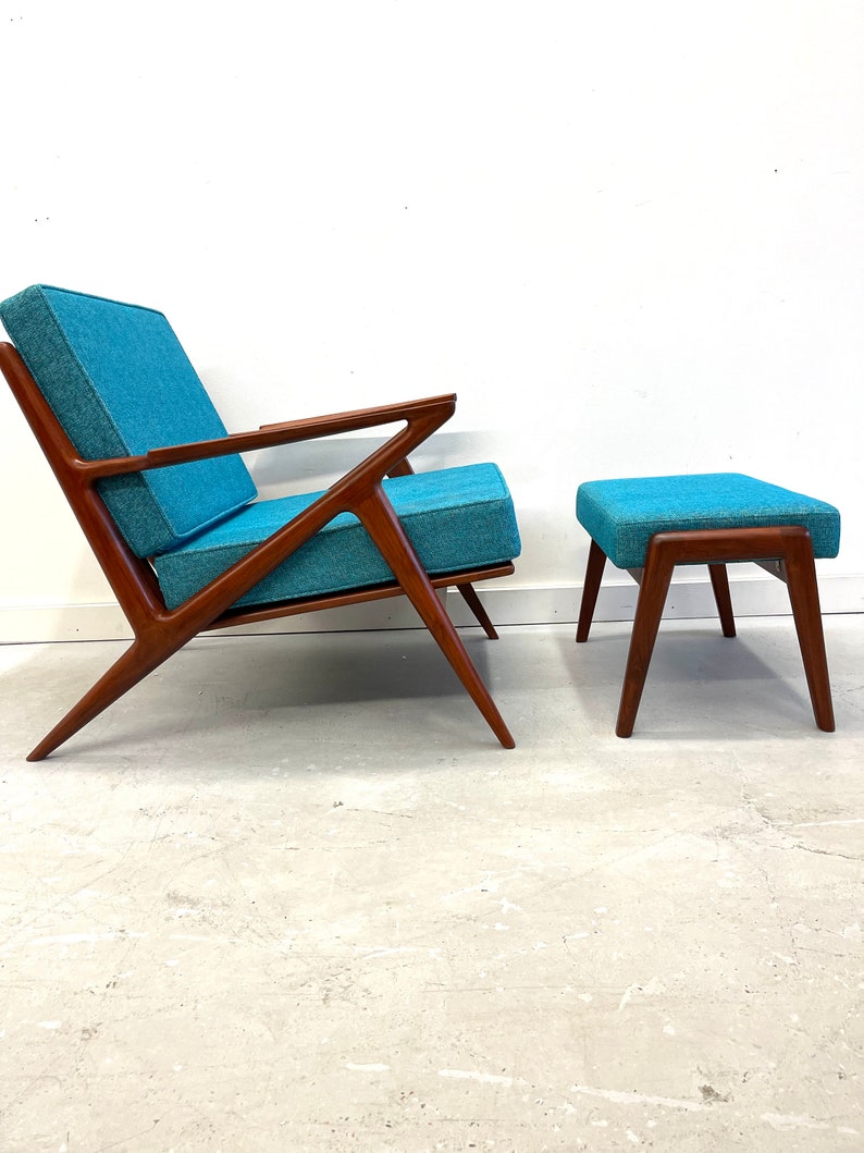 Beautiful Teak Handmade Z Chair and Ottoman in Ocean Blue - Etsy
