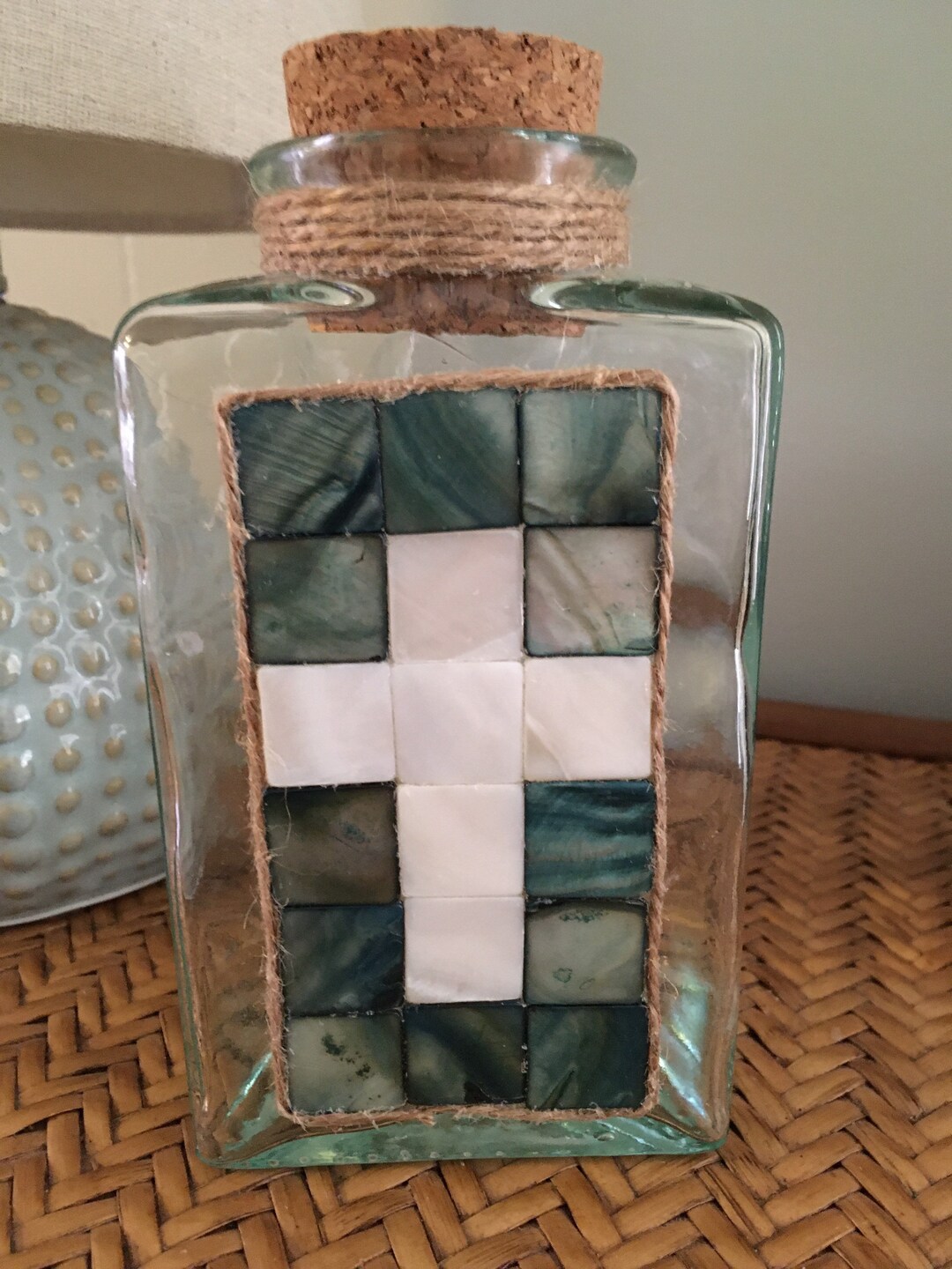 Green Tinted Triangular Glass Container With Mother of Pearl Cross ...