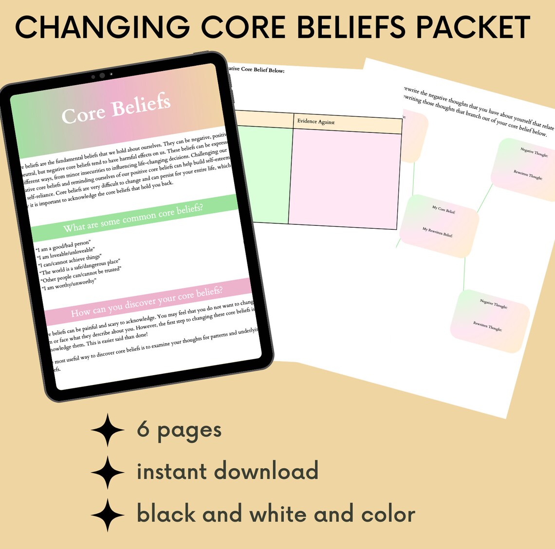 Changing Core Beliefs Worksheets, Therapy Worksheet, Counseling ...