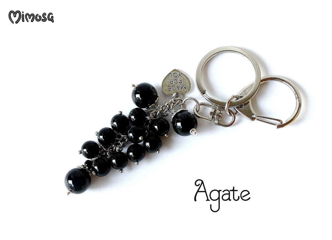 Black Agate Cluster Keychain, Agate Beaded Bag Charm, Gemstone Purse ...