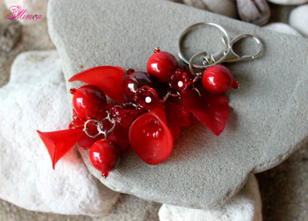 Red Floral Keychain, Woman Hippie Style Bag Charm, Red Cluster Flower ...