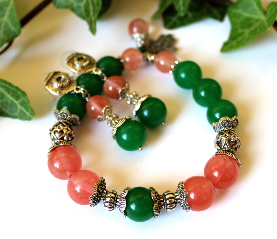 Cherry Quartz and Green Aventurine Bracelet, Heart Chakra Balance ...