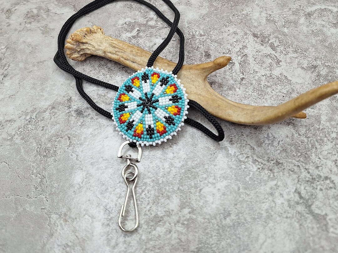 Native Style Beadwork Lanyard, Feather Spoke Wheel Design, Boho Style ...