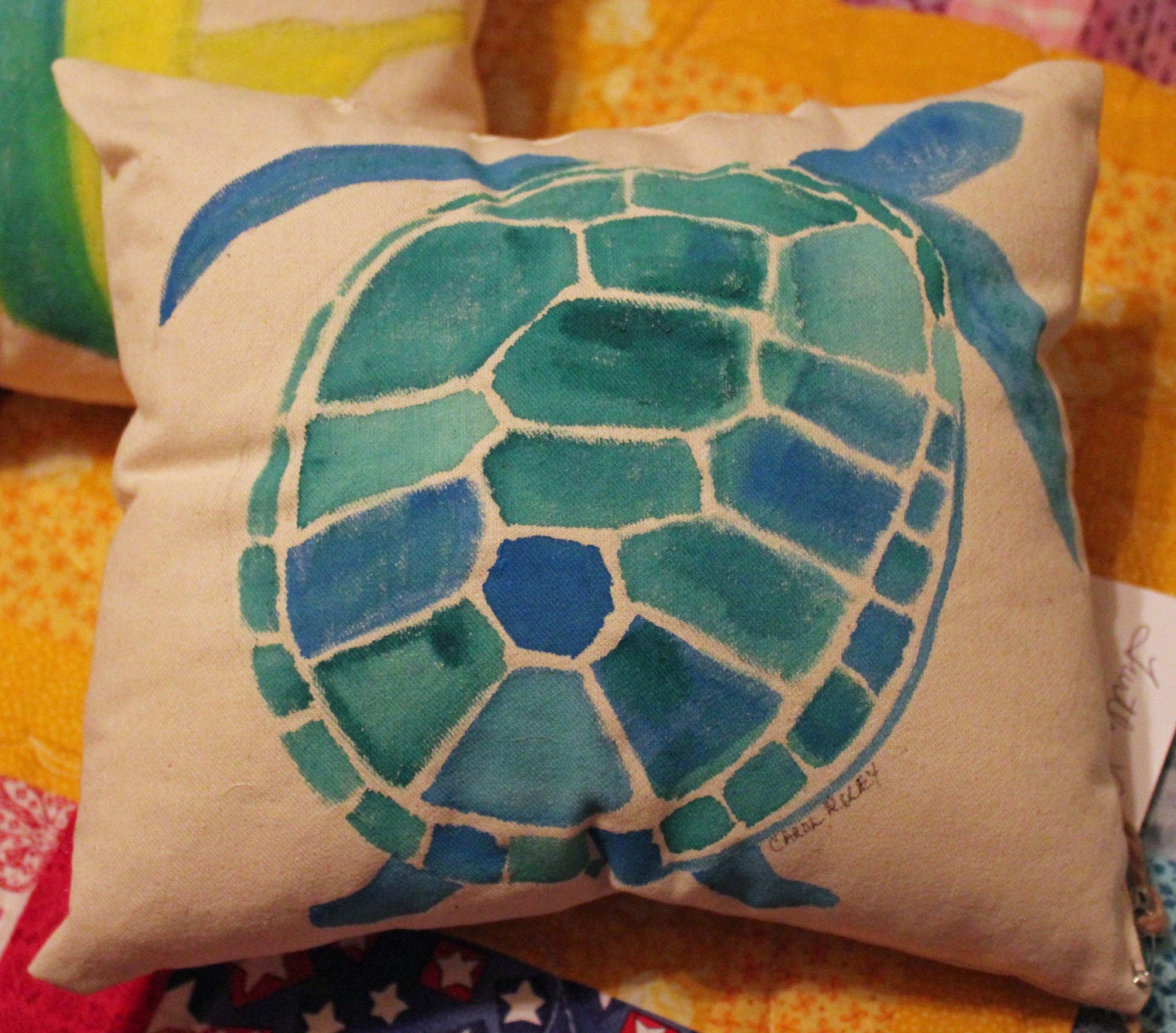 Hand Painted Aqua Sea Turtle on Zippered Pillow Cover for Kids Room ...