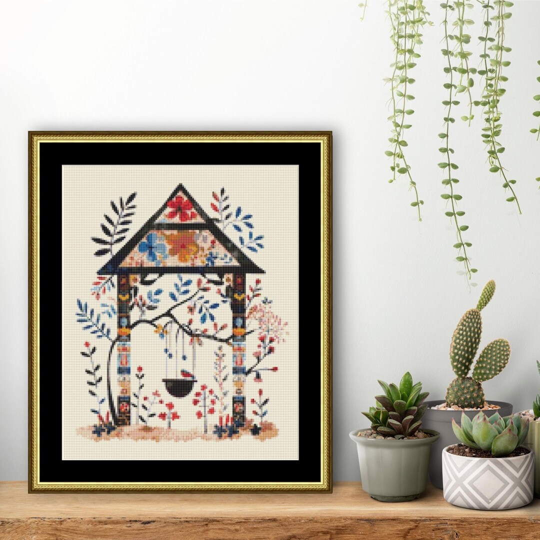 DOLLAR DAZE Folk Art Bird Bath Cross Stitch Pattern, Instant Digital ...