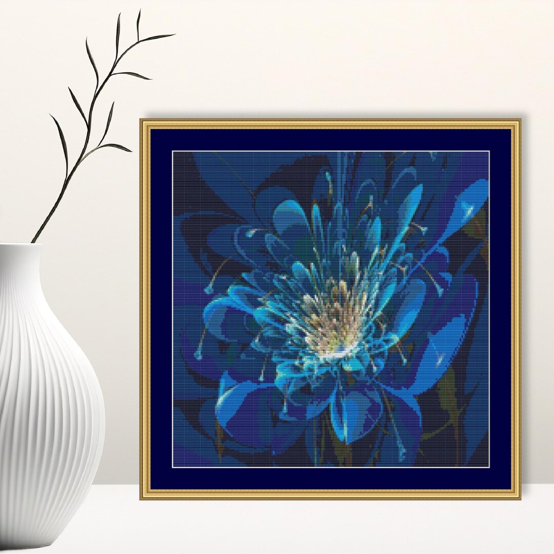 DOLLAR DAZE Printable Floral Fractal Cross Stitch Pattern, Blue Blossom ...