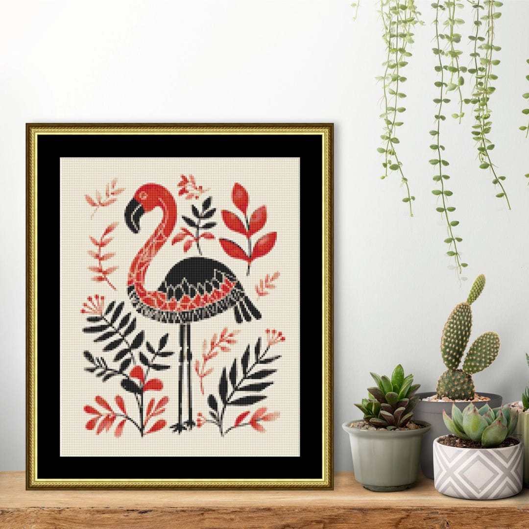 TWO DOLLAR DAZE Folk Art Flamingo Cross Stitch Pattern, Instant Digital ...