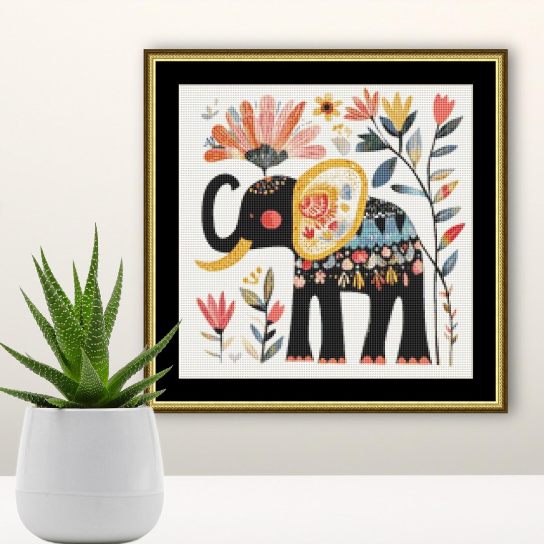 DOLLAR DAZE Folk Art Elephant Cross Stitch Pattern, Instant Digital ...