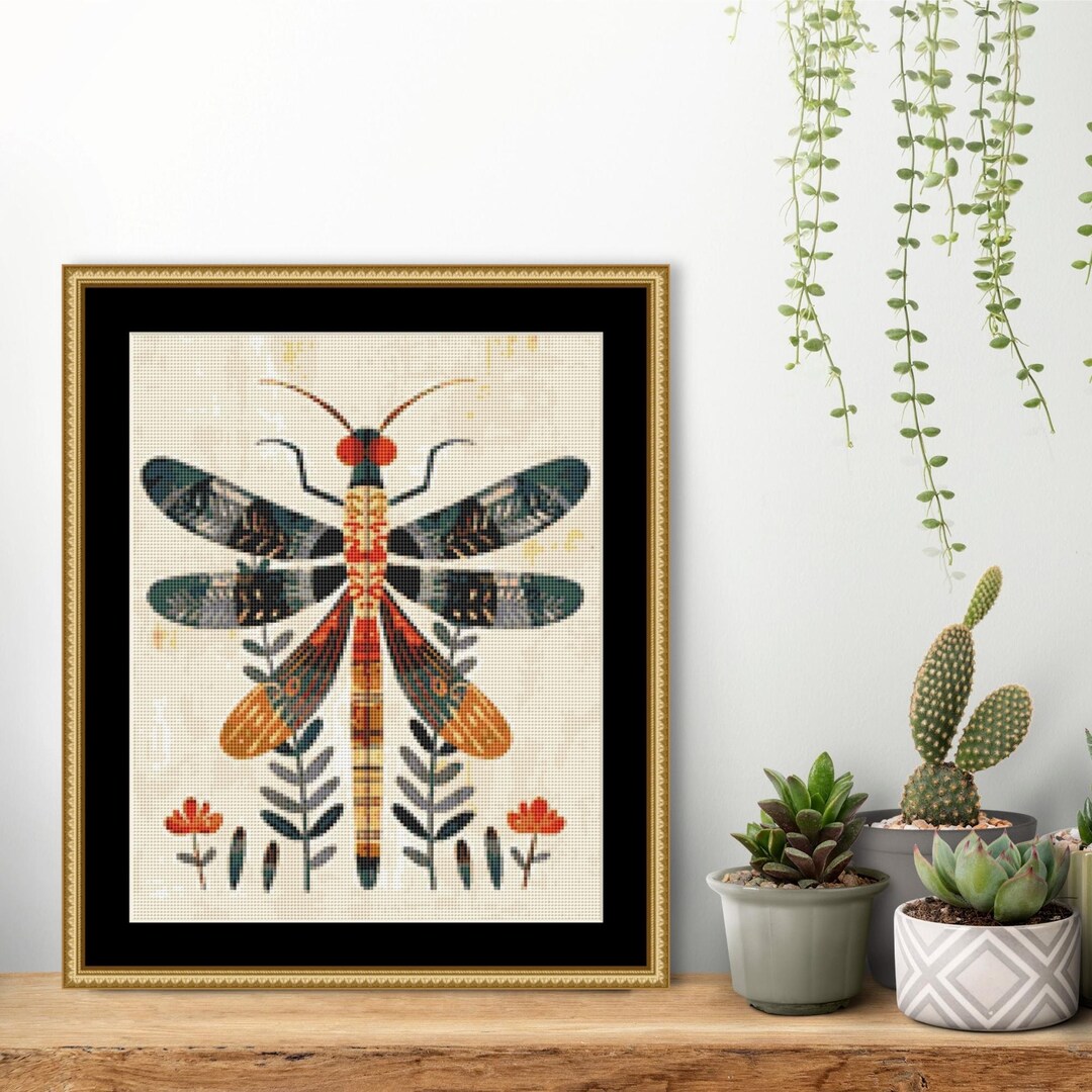 DOLLAR DAZE Folk Art Dragonfly Floral Cross Stitch Pattern, Instant ...