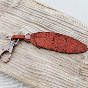 Boho Feather Leather Keychain Keyring Mandala Bag Charm Hippy Zentangle ...