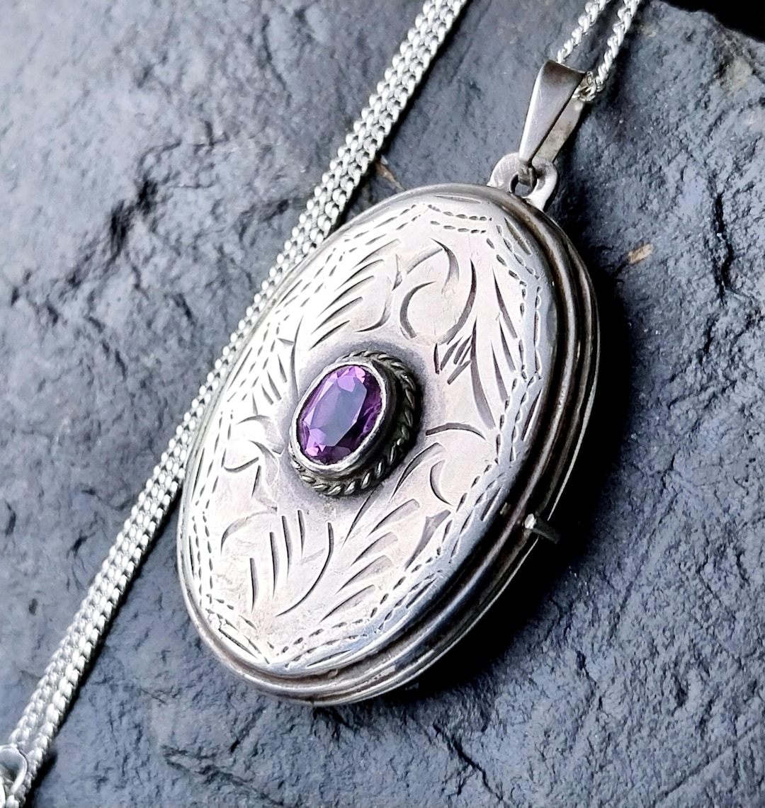 Vintage Large STERLING SILVER LOCKET With Amethyst Gemstone on 20 ...