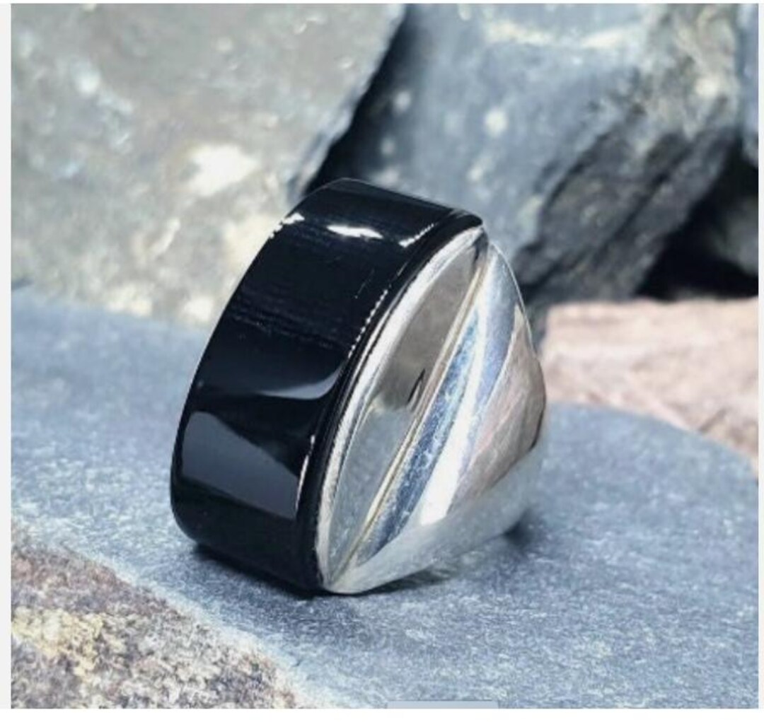 Huge SILVER ONYX Signet Ring - Jet Black Stone - Size Uk O ( Us 7) - 15 ...
