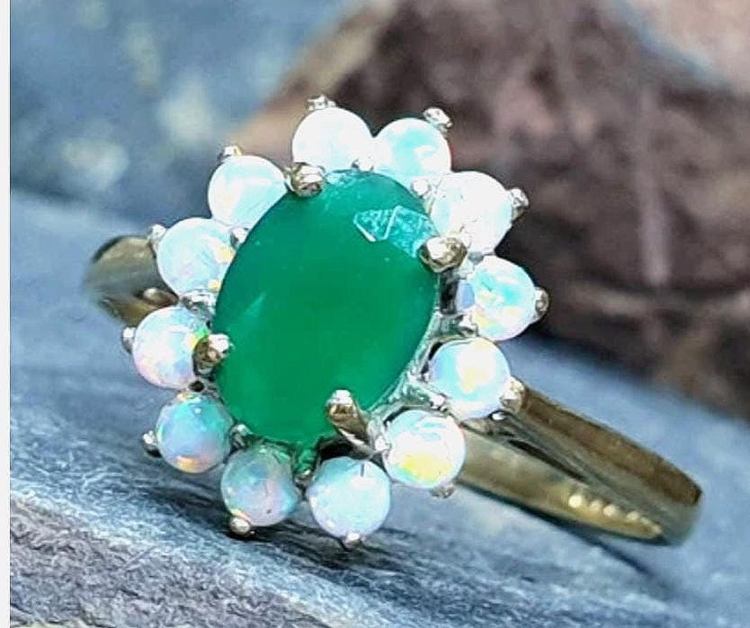 9ct GOLD Fire Opal & Green Stone Ring - Size Uk L (us 5.75 ...