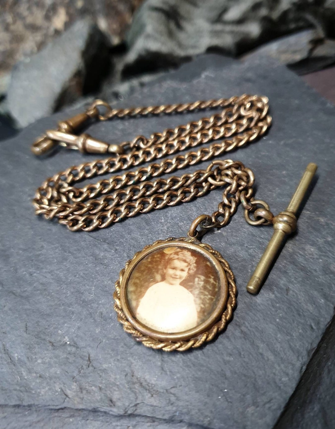 Antique Dog Clip Chain With Photo Locket Fob and T Bar - Pinchbeck 16 ...