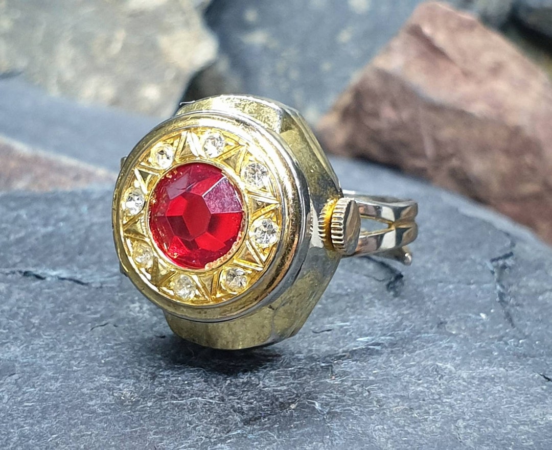 Vintage BVLER LOCKET WATCH Ring Red Stone & Gold Plated Size Adjustable ...