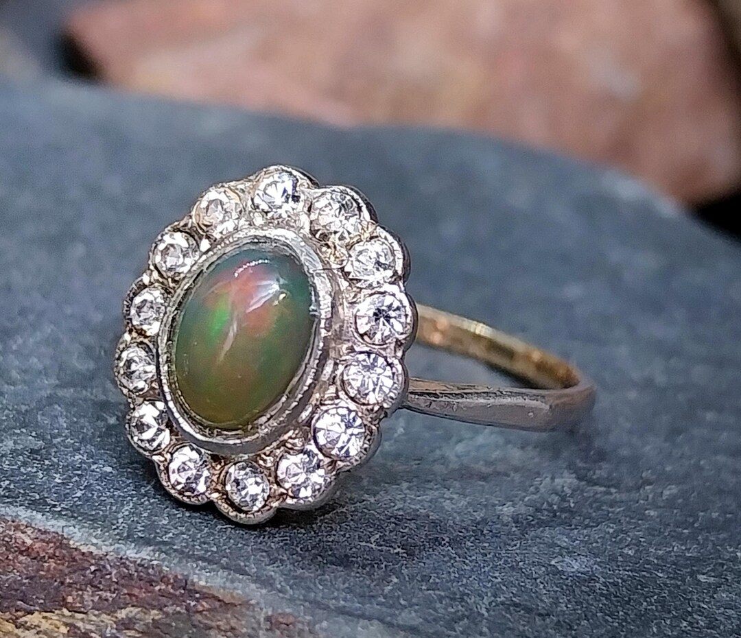 Vintage 9ct Gold & Silver Fire Opal and Paste Stones Ring - Art Deco ...