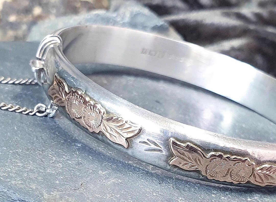 Vintage Sterling SILVER BANGLE Bracelet With Rose Gold Flowers - by ...