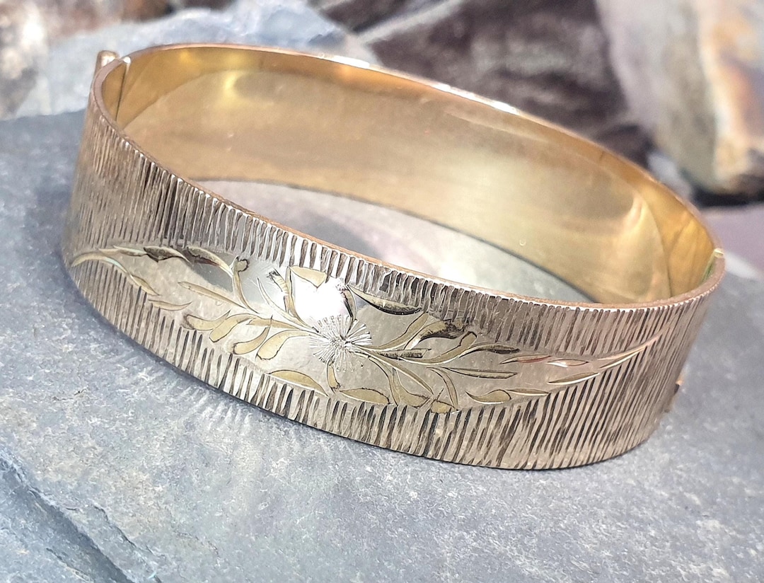 Vintage 9ct GOLD Bark Effect BANGLE BRACELET - 50 Microns 9ct Rolled ...