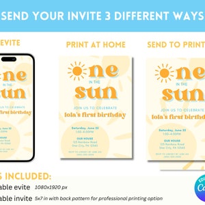 Editable One in the Sun Birthday Invitation | One Year Old Birthday ...