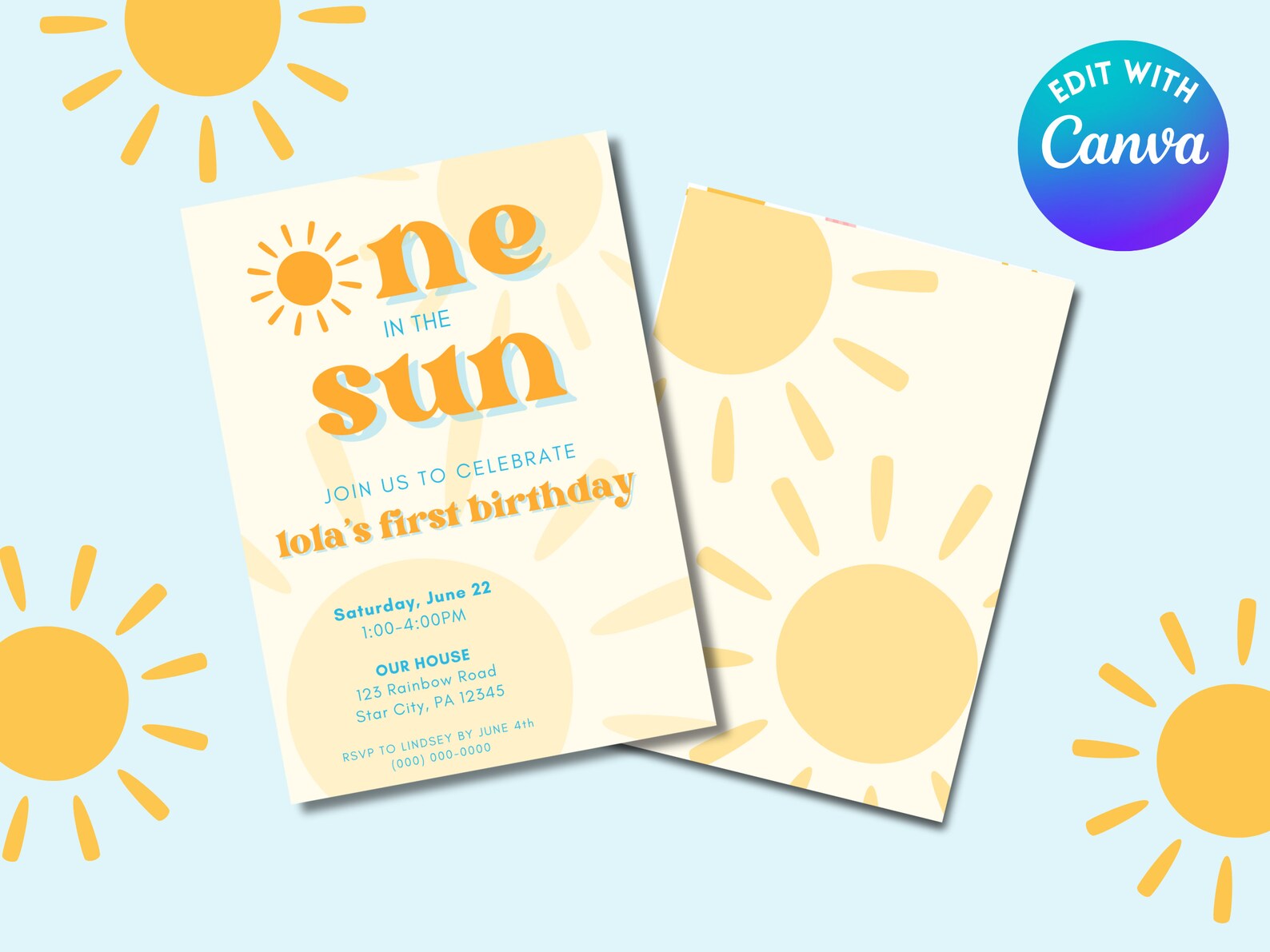 Editable One in the Sun Birthday Invitation | One Year Old Birthday ...