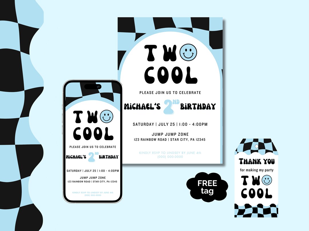 Editable Blue Two Cool Birthday Invitation | 2nd Birthday Invite | Two ...