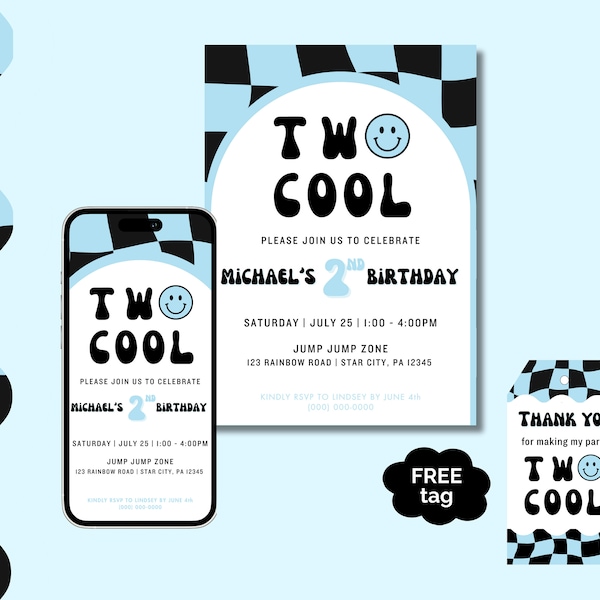 Editable Blue Two Cool Birthday Invitation 2nd Birthday Invite Two Year ...