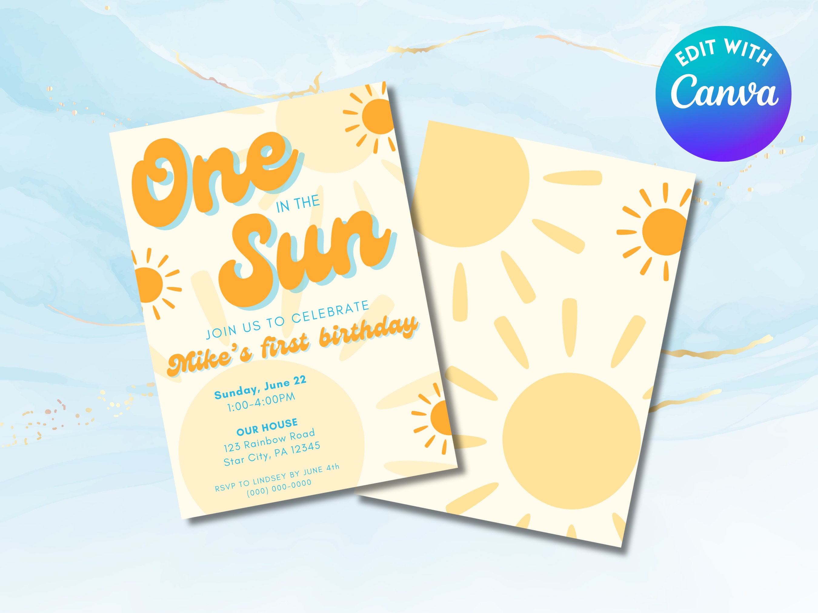Editable One in the Sun Birthday Invitation: Retro Sun Theme (digital ...