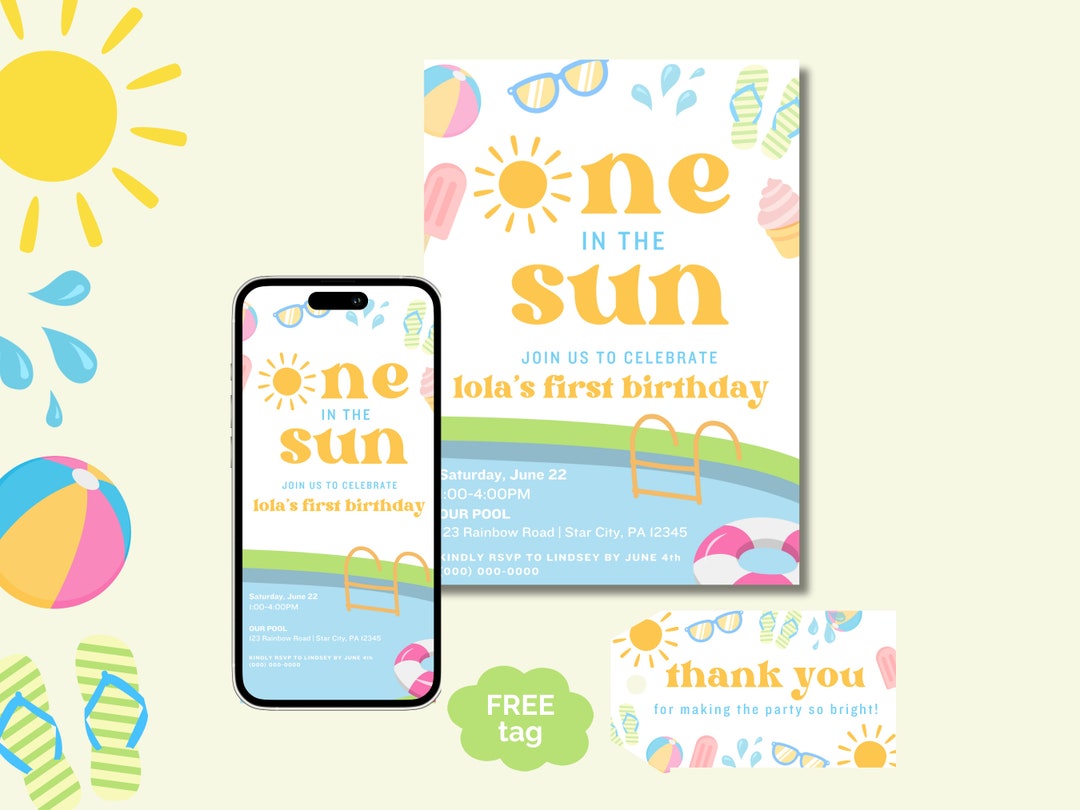Editable One in the Sun Birthday Invitation | One Year Old Birthday ...