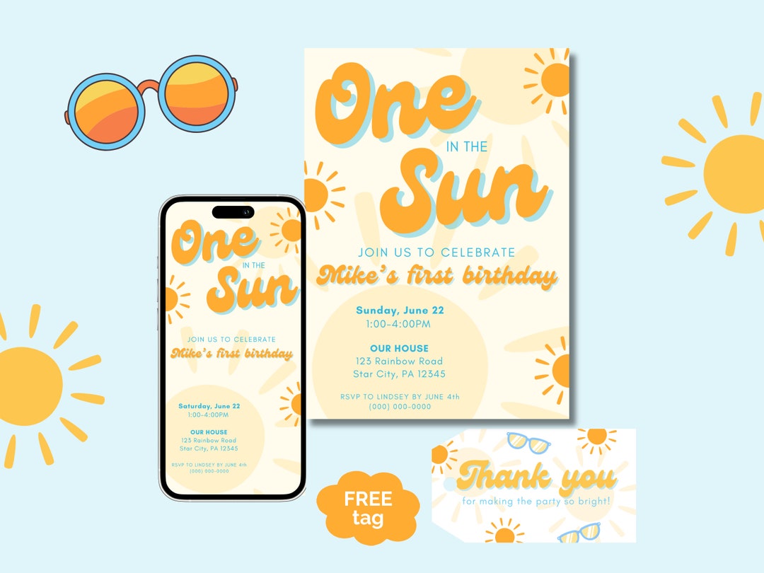 Editable One in the Sun Birthday Invitation: Retro Sun Theme (digital ...