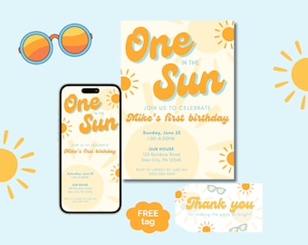 Editable One in the Sun Birthday Invitation One Year Old Birthday ...