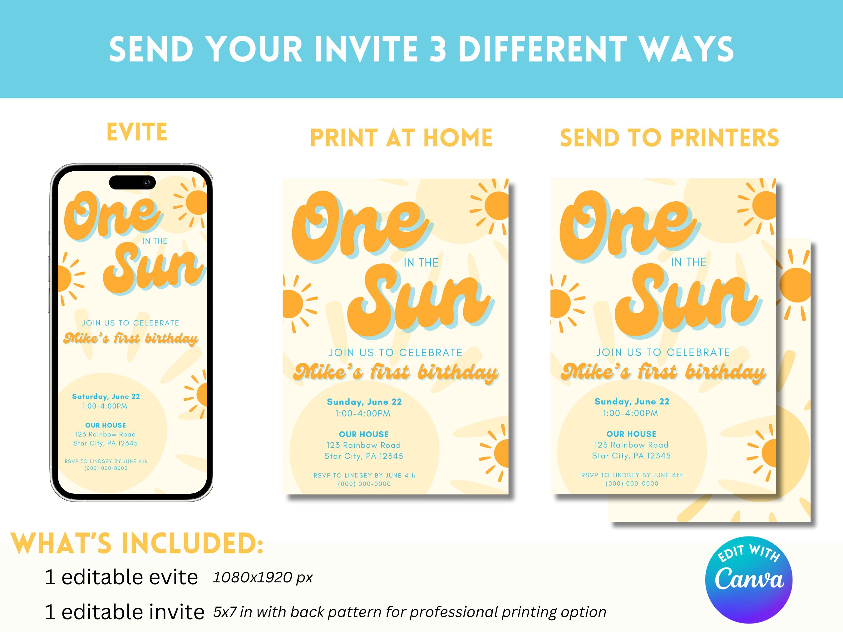 Editable One in the Sun Birthday Invitation: Retro Sun Theme (digital ...