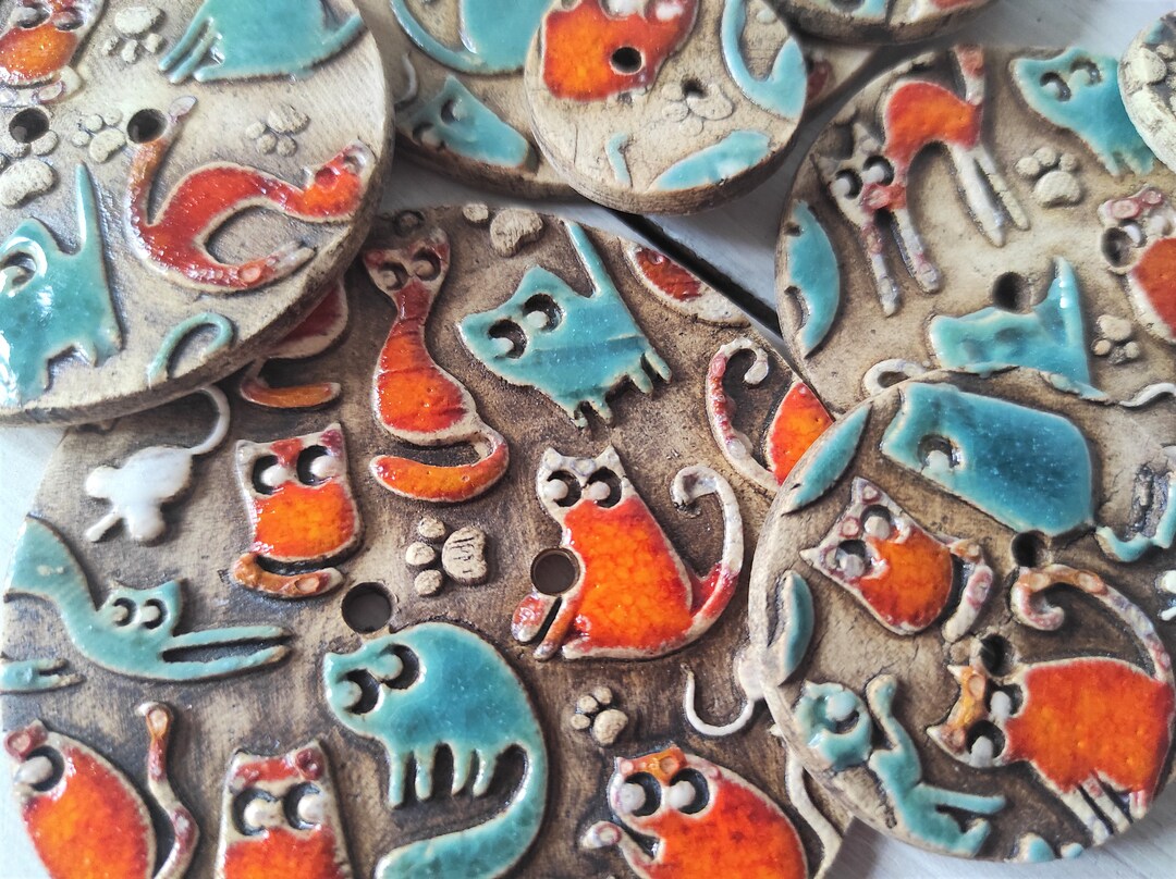 Handmade Large Ceramic Buttons With Cat Motif, Unique Cat Pottery ...