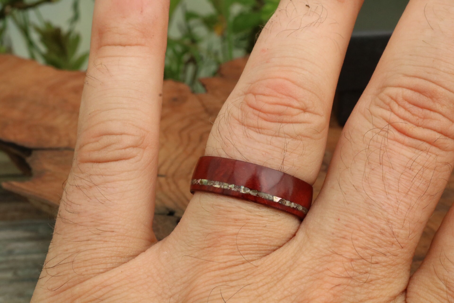 California Redwood Burl Ring With Abalone Inlay, Wood Wedding Band ...