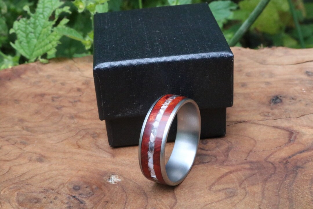 Redwood Burl Titanium Ring With Abalone Inlay - Redwood Wedding Band ...