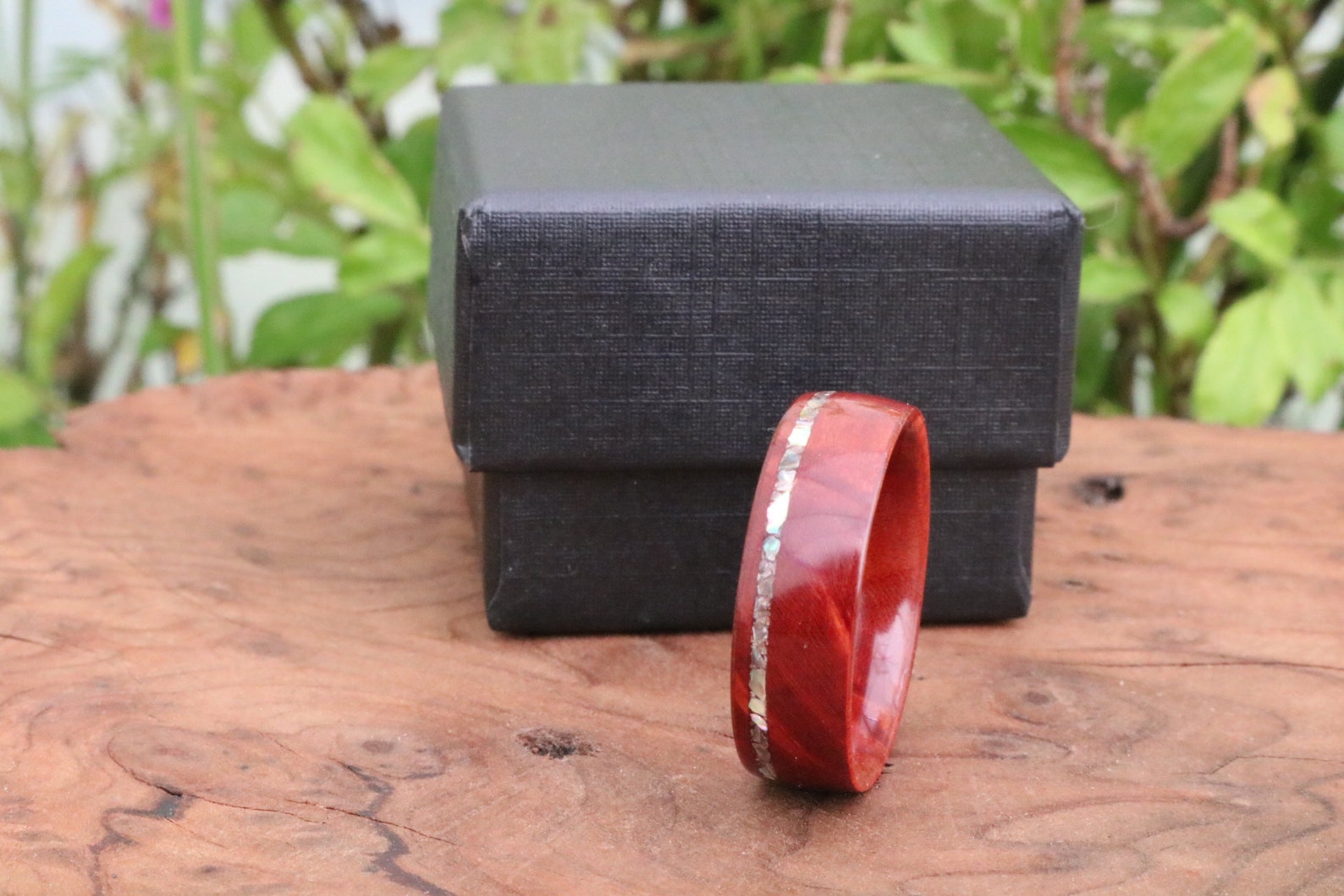 California Redwood Burl Ring With Abalone Inlay, Wood Wedding Band ...