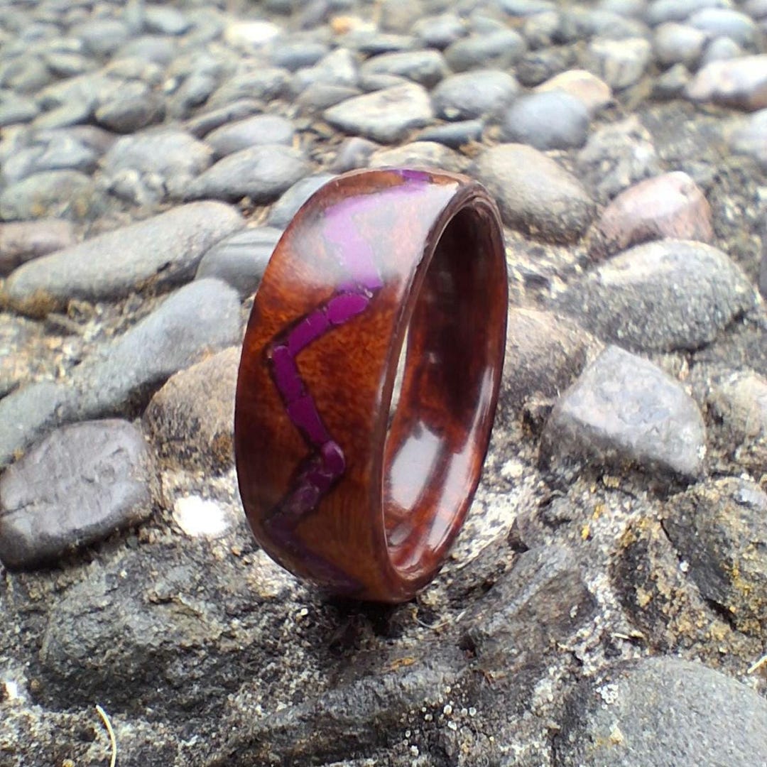 Cypress Burl Wood Ring With Sugilite Stone Zigzag Inlay - Men's Wood ...