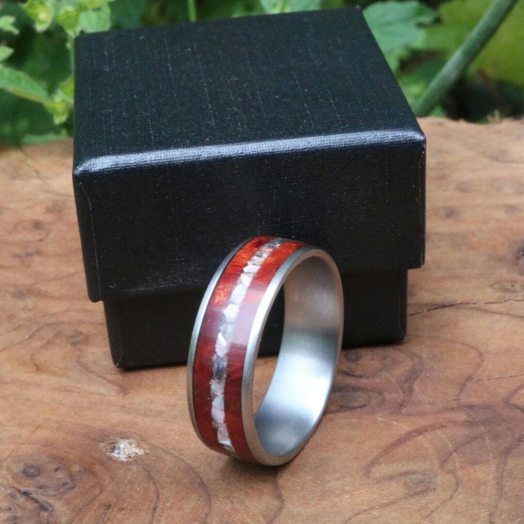 Redwood Burl Titanium Ring With Abalone Inlay - Redwood Wedding Band ...