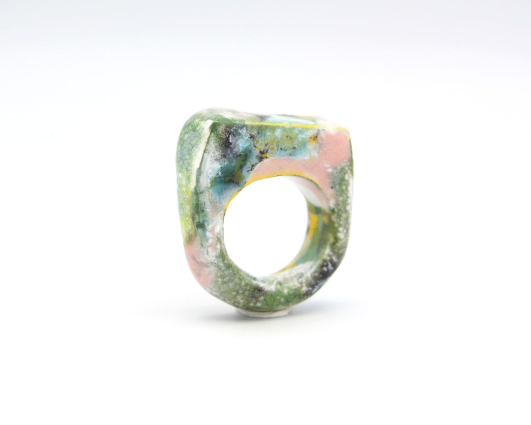 Contemporary Ceramic Statement Sculptural Scribble Art Ring Green ...