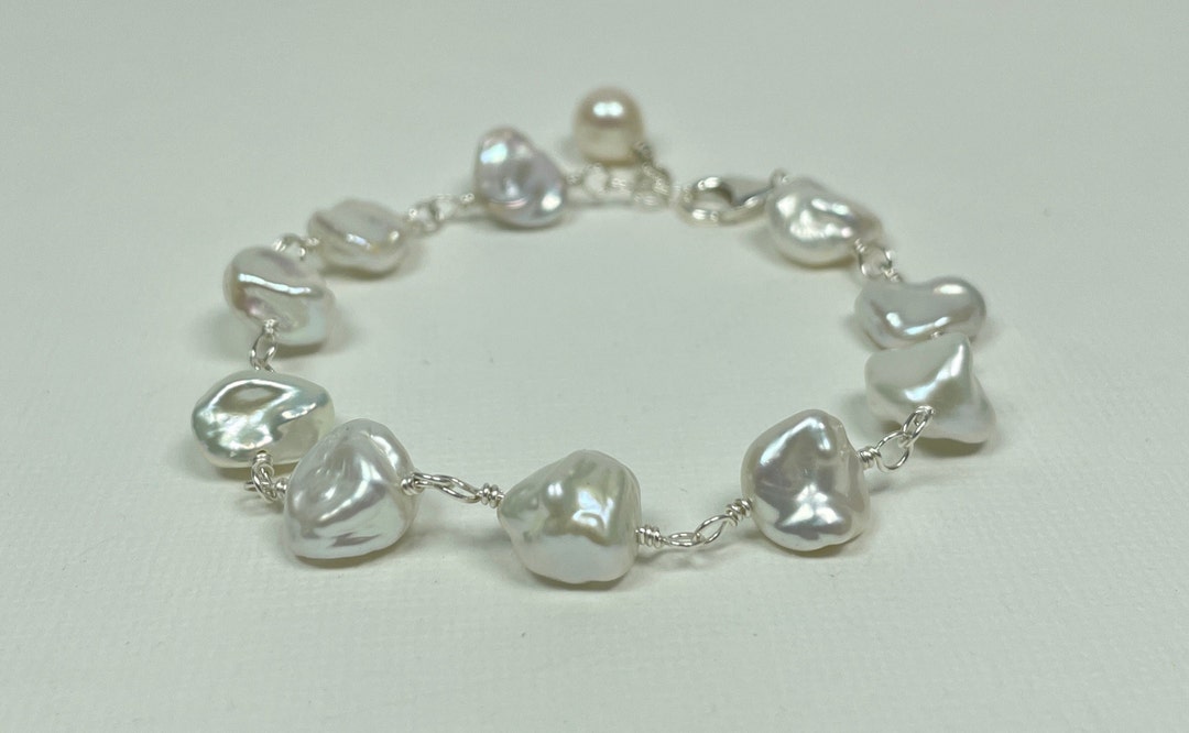 White Pearl Bracelet, Sterling Silver Pearl Stacking Bracelet, June ...