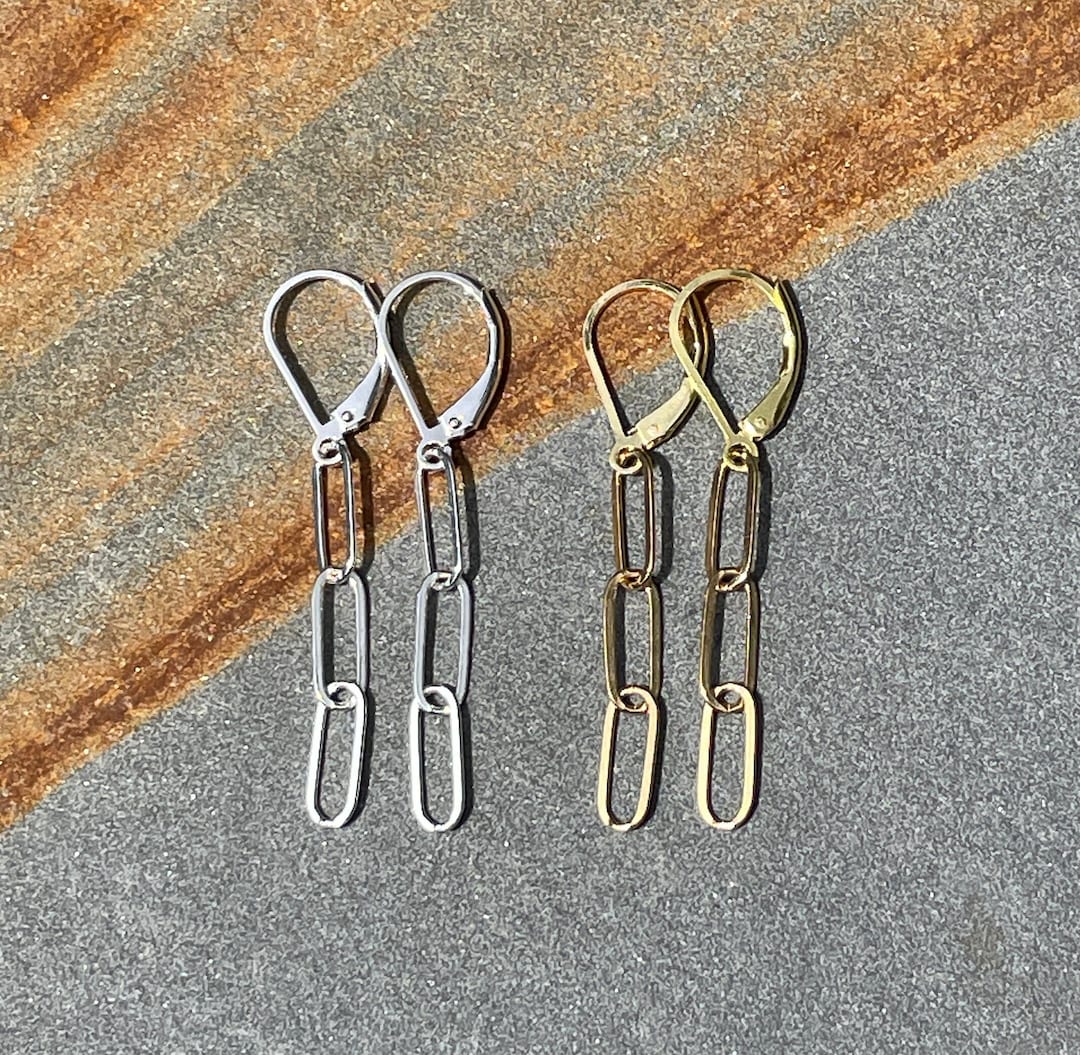 Gold or Sterling Silver Paperclip Chain Dangle Earrings - Etsy