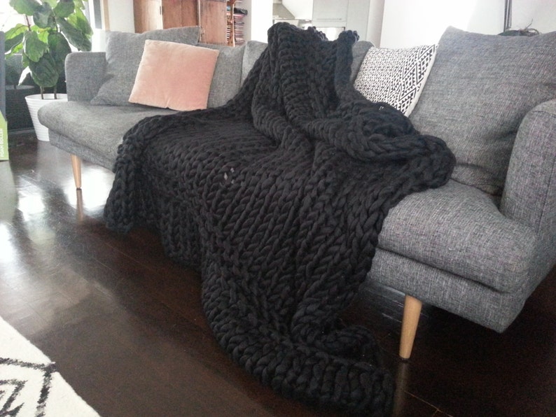 SALE Large Black Blanket. Super Chunky Hand Knitted Australian Merino ...